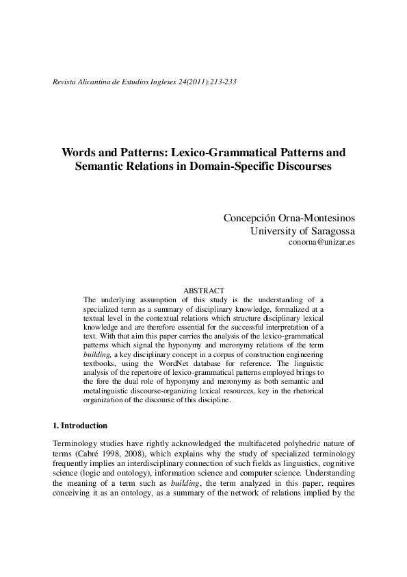 Pdf Words And Patterns Lexico Grammatical Patterns And Semantic Relations In Domain Specific