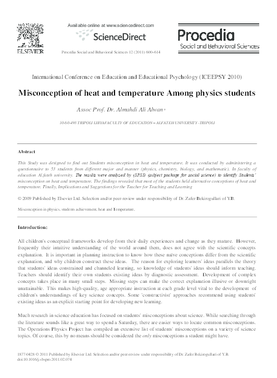(PDF) MISCONCEPTION IN PHYSICS AMONG HIGH SCHOOL STUDENTS