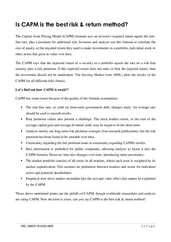 (PDF) Is CAPM is the best risk and return method?