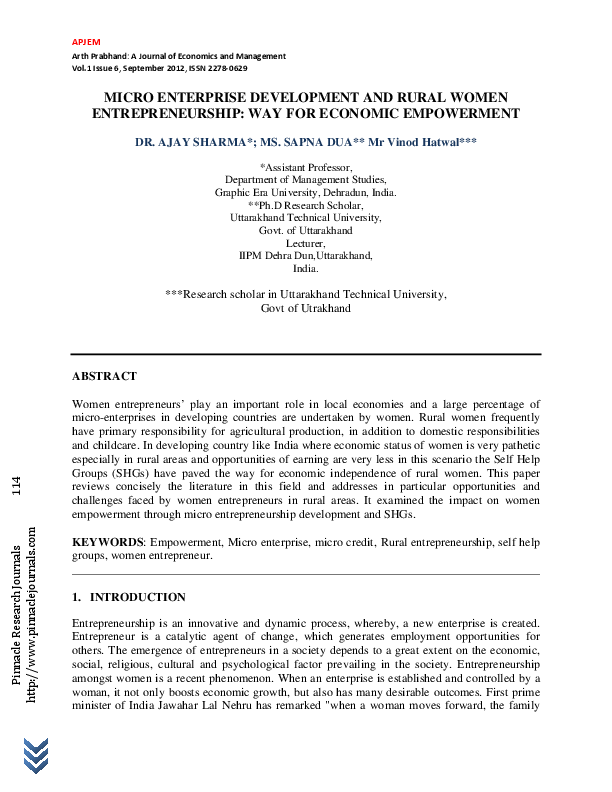(PDF) MICRO ENTERPRISE DEVELOPMENT AND RURAL WOMEN ENTREPRENEURSHIP: WAY FOR ECONOMIC EMPOWERMENT