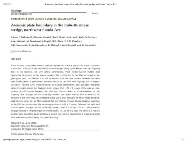 (PDF) Aseismic plate boundary in the Indo-Burmese wedge, northwest ...
