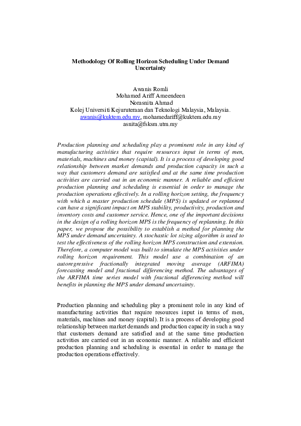 (PDF) Methodology Of Rolling Horizon Scheduling Under Demand Uncertainty
