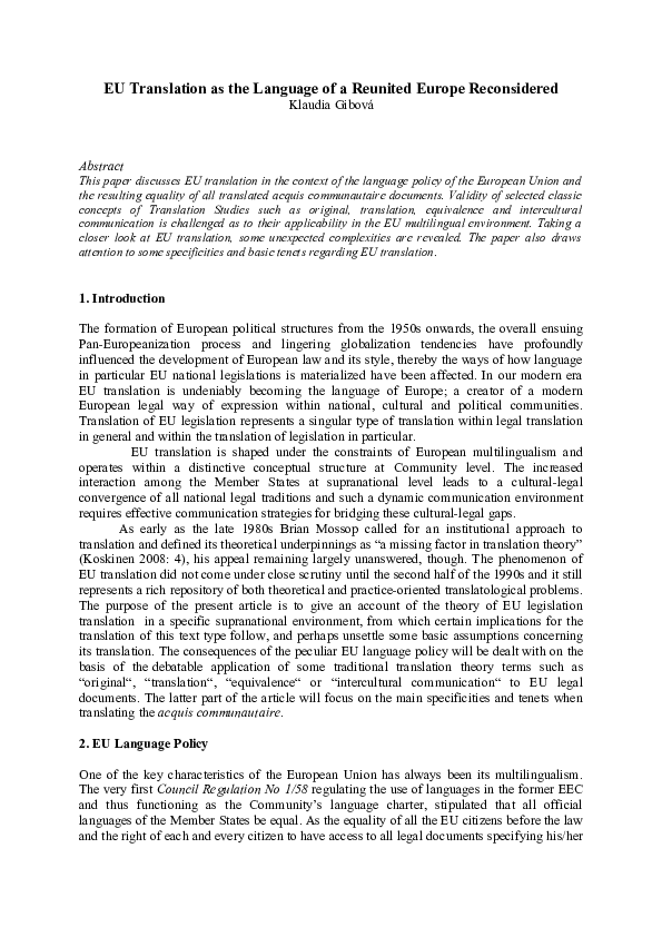 (DOC) EU Translation as the Language of a Reunited Europe Reconsidered