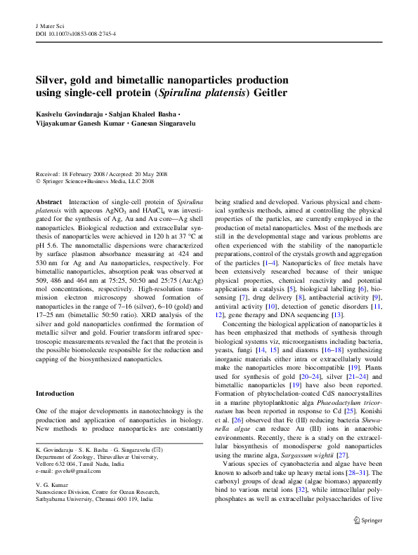 (PDF) Silver, gold and bimetallic nanoparticles production using single-cell protein (Spirulina ...