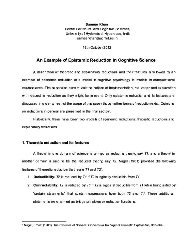 (PDF) Reductionism in Cognitive Science