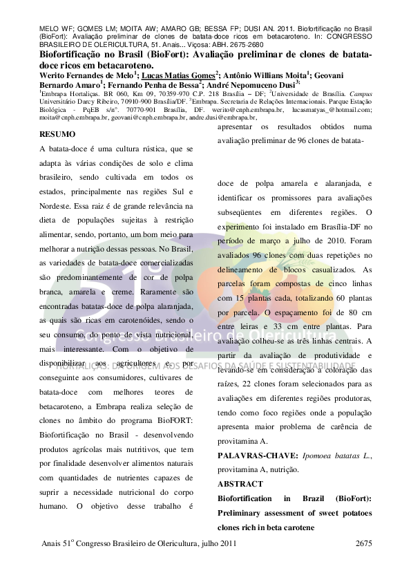 (PDF) Biofortificação no Brasil (BioFort): Avaliação preliminar de ...