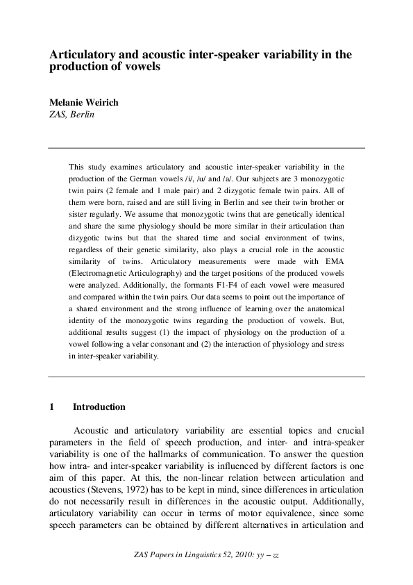 (PDF) Articulatory and acoustic inter-speaker variability in the production of vowels