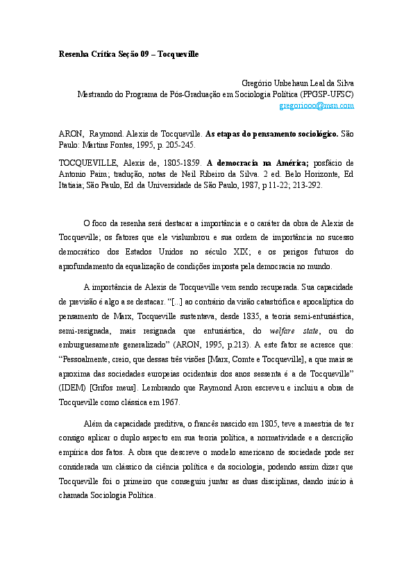 (DOC) Resenha Alexis de Tocqueville