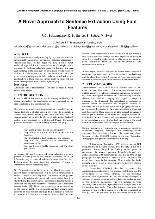 Pdf A Novel Approach To Sentence Extraction Using Font