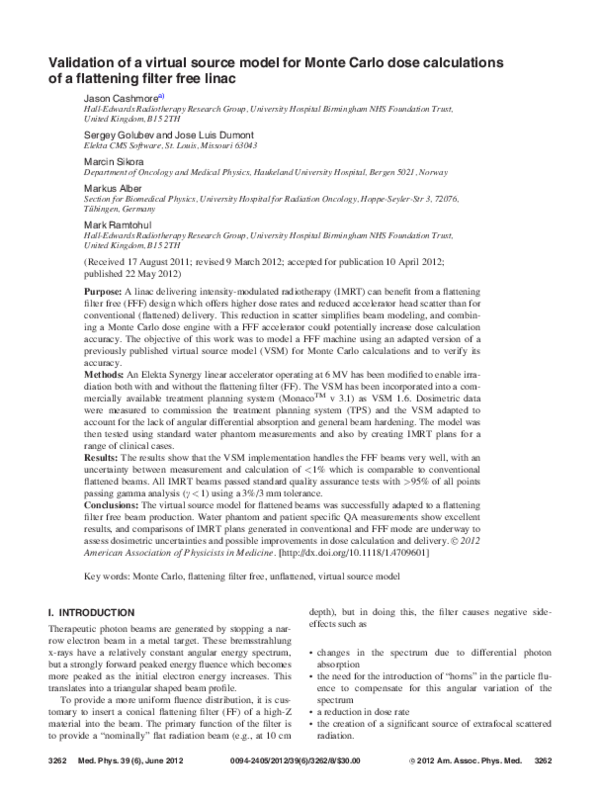 Pdf Validation Of A Virtual Source Model For Monte Carlo Dose Calculations Of A Flattening