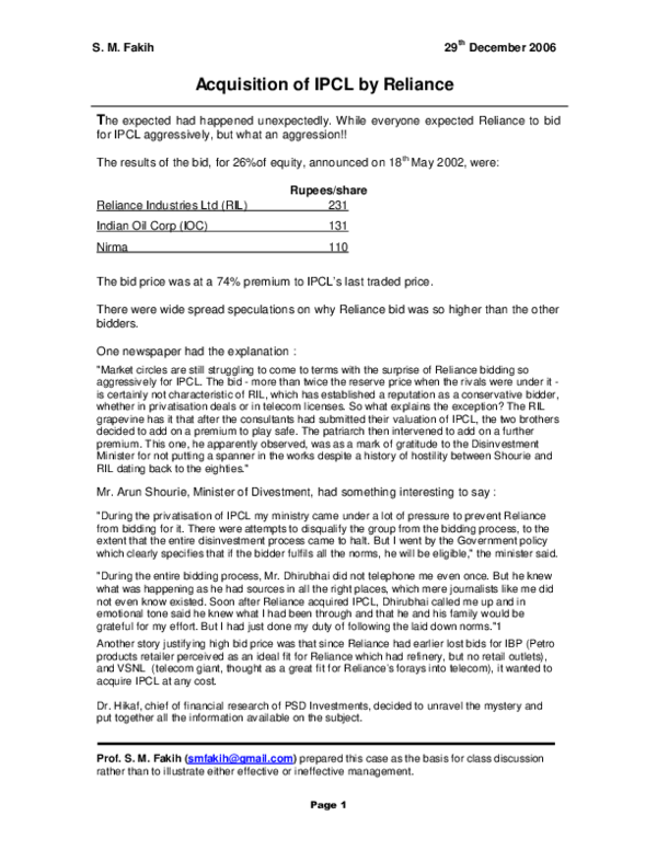 (PDF) Acquisition of IPCL by Reliance