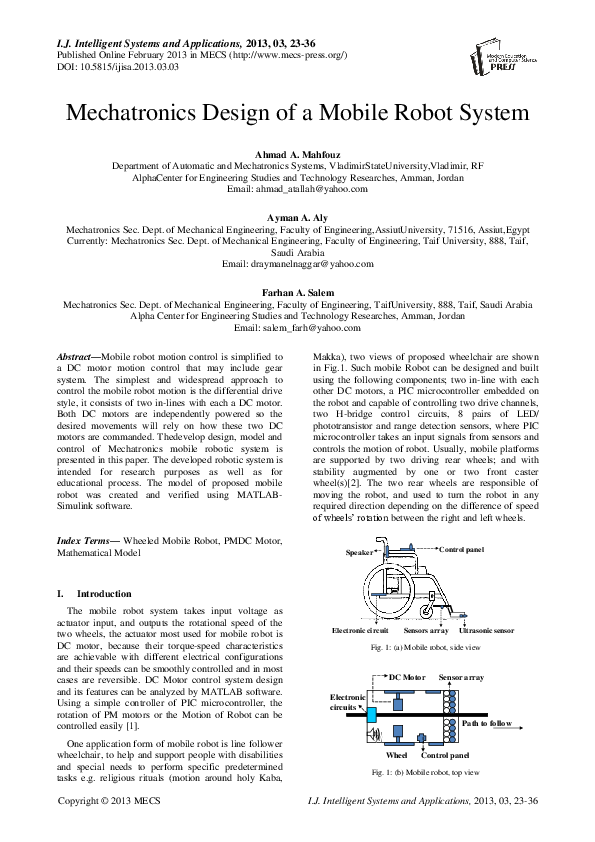 (PDF) Mechatronics Design of a Mobile Robot System