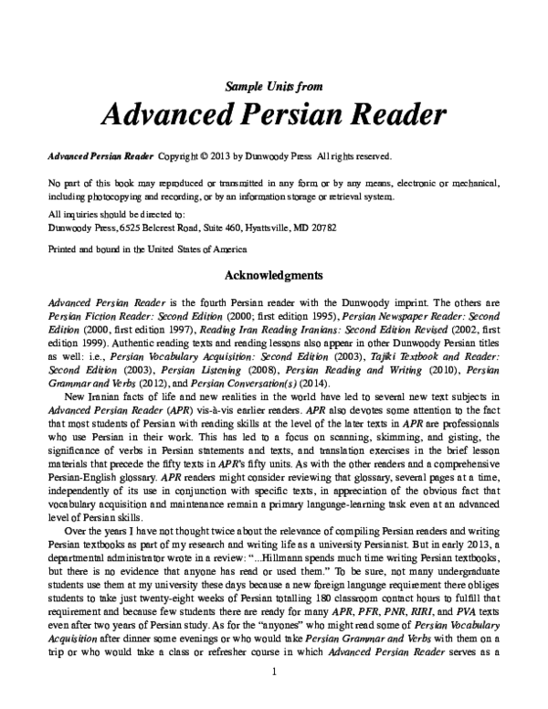(PDF) 'Advanced Persian Reader': Prefatory Materials and Three Sample ...