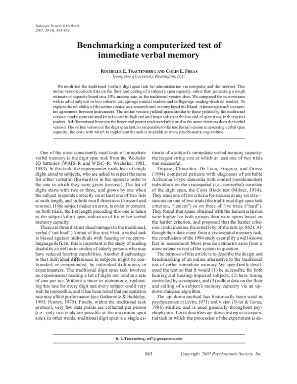 (PDF) Benchmarking a Computerized Test of Immediate Verbal Memory