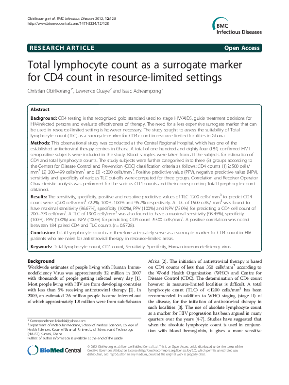 (PDF) Total lymphocyte count as a surrogate marker for CD4 count in resource-limited settings