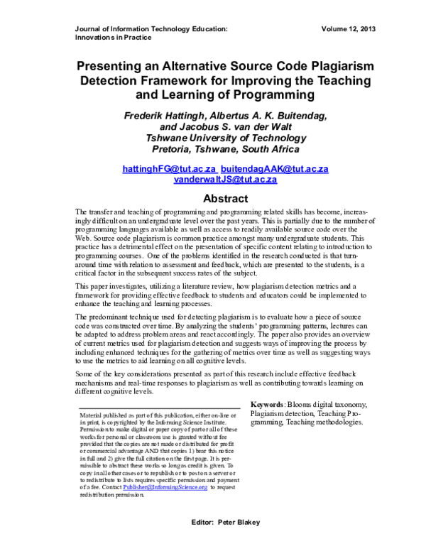 Pdf Presenting An Alternative Source Code Plagiarism Detection Framework For Improving The