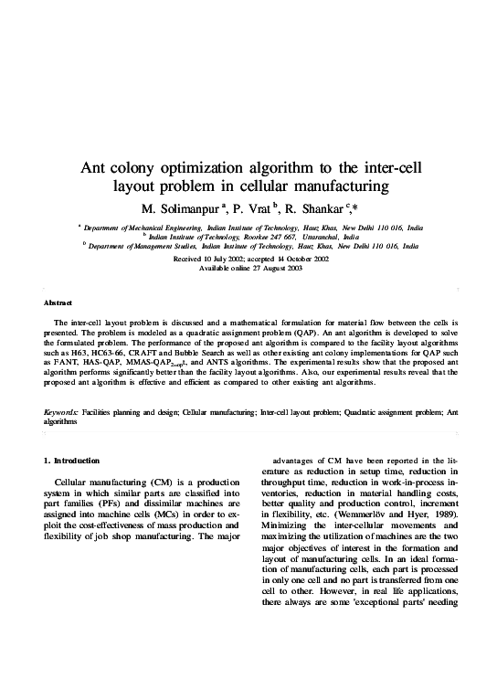 Pdf Ant Colony Optimization Algorithm To The Inter Cell Layout Problem In Cellular Manufacturing