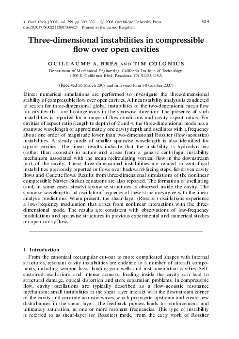 (PDF) Three-dimensional instabilities in compressible flow over open cavities