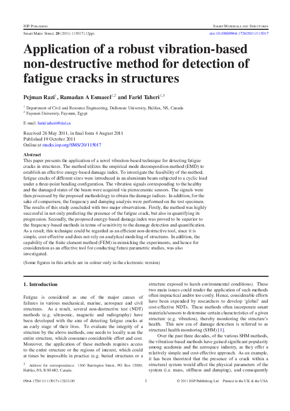 (PDF) Application of a robust vibration-based non-destructive method for detection of fatigue ...