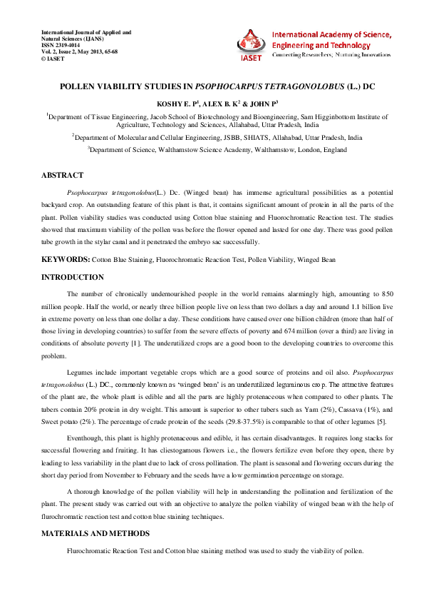(PDF) Pollen Viability Studies in Psophocarpus tetragonolobus (L.) DC
