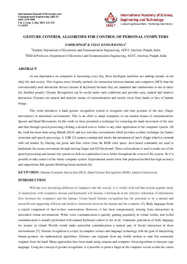 (PDF) Gesture Control Algorithm for Control of Personal Computers