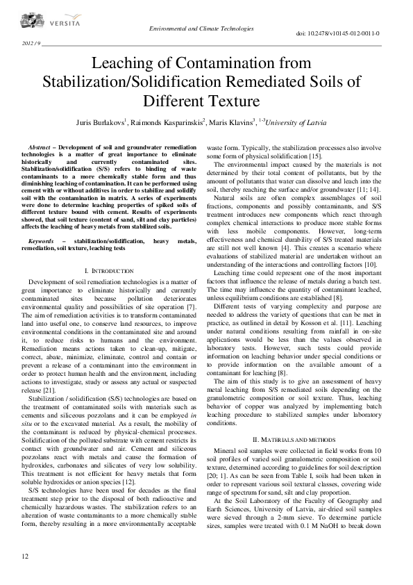(PDF) Leaching of Contamination from Stabilization/Solidification Remediated Soils of Different ...