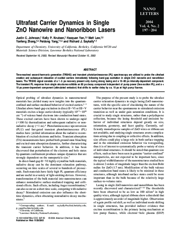 (PDF) Ultrafast carrier dynamics in single ZnO nanowire and nanoribbon lasers