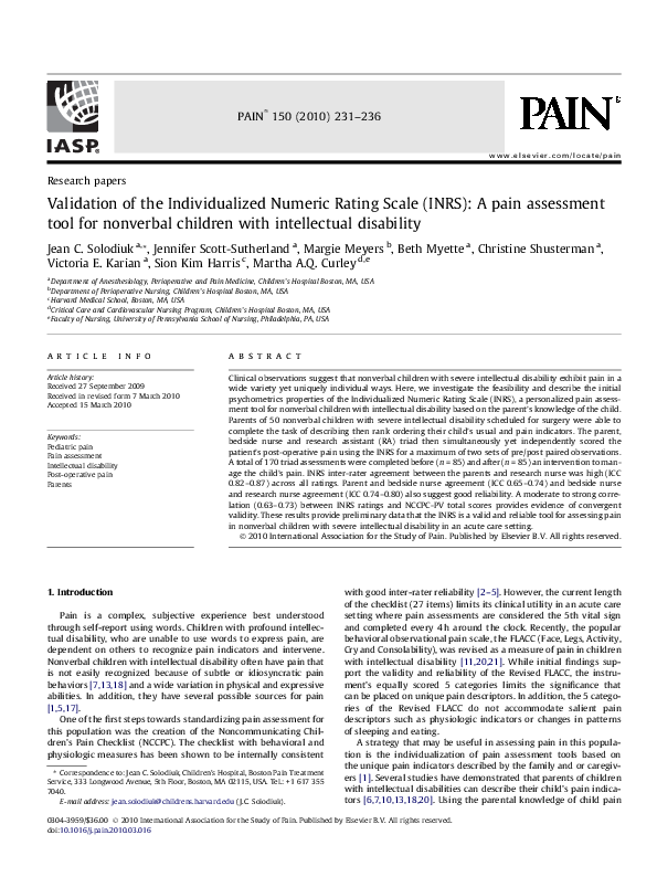 (PDF) Validation of the Individualized Numeric Rating Scale (INRS): a pain assessment tool for ...
