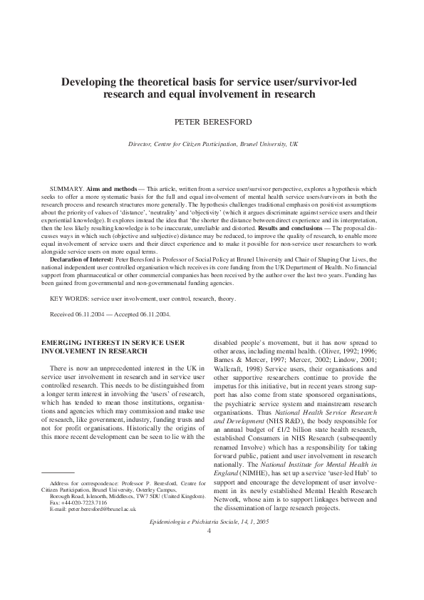 (PDF) Developing the theoretical basis for service user/survivor-led ...