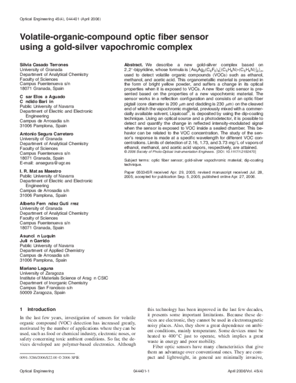 (PDF) Volatile-organic-compound optic fiber sensor using a gold-silver vapochromic complex