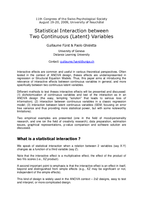 (PDF) Fürst, G. (2009). Statistical Interaction between Two Continuous Variables (Classical ...