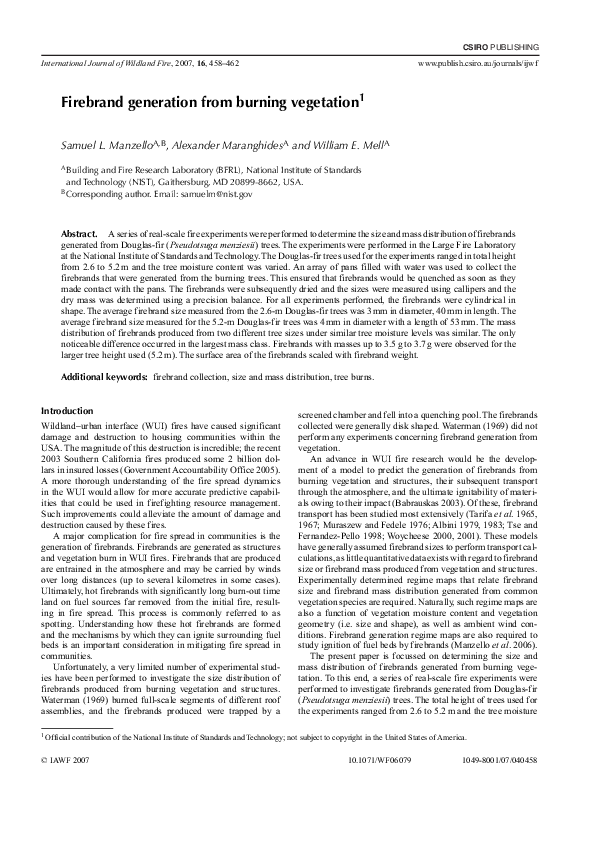 (PDF) Firebrand generation from burning vegetation