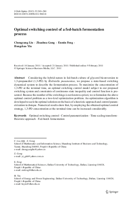 (PDF) Optimal switching control of a fed-batch fermentation process
