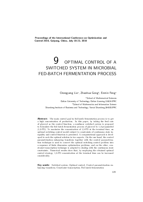 (PDF) Optimal control of a switched system in microbial fed-batch fermentation process