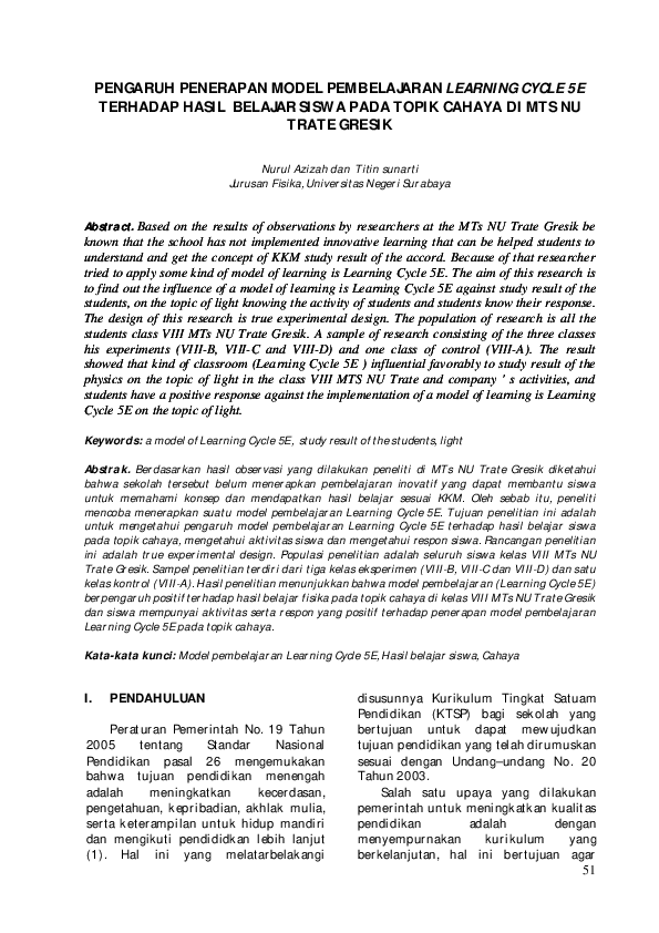 (PDF) PENGARUH PENERAPAN MODEL PEMBELAJARAN LEARNING CYCLE 5E TERHADAP HASIL BELAJAR SISWA PADA ...