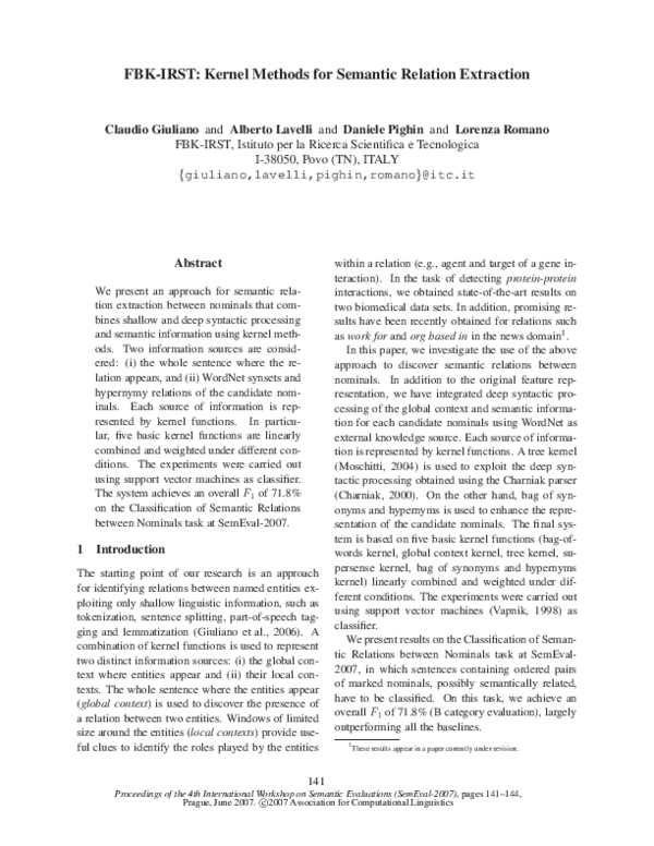 (PDF) FBK-IRST: Kernel Methods for Semantic Relation Extraction