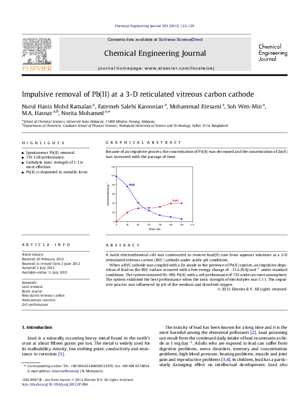 (PDF) Impulsive removal of Pb(II) at a 3-D reticulated vitreous carbon cathode-CEJ