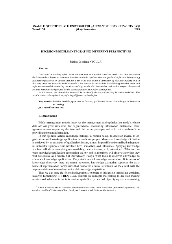 (PDF) Decision models: integrating different perspectives | Sabina ...