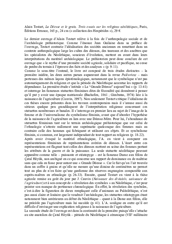 (DOC) Alain Testart, La déesse et le grain, trois essais sur les ...