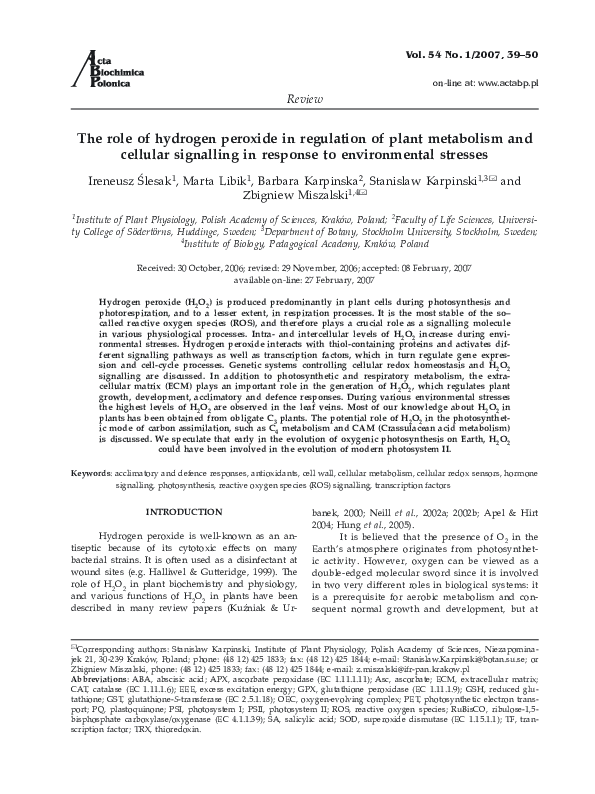 (PDF) The role of hydrogen peroxide in regulation of plant metabolism ...