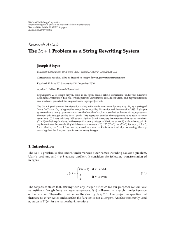 (PDF) The 3x+1 Problem as a String Rewriting System