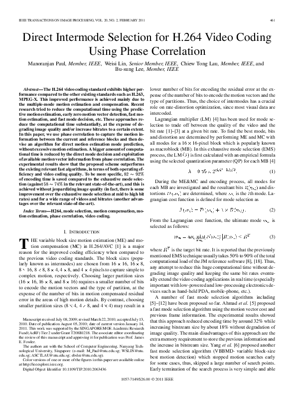(PDF) Direct Inter-Mode Selection for H.264 Video Coding using Phase Correlation