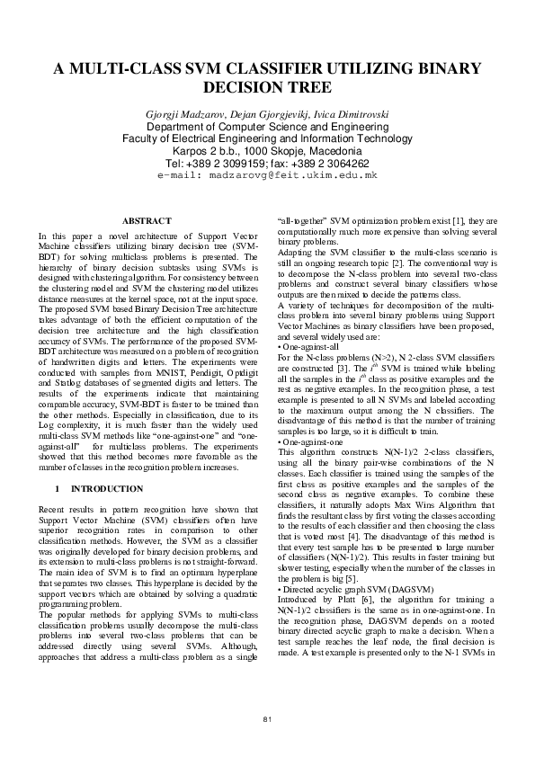 Pdf A Multi Class Svm Classifier Utilizing Binary Decision Tree Dejan Gjorgjevikj