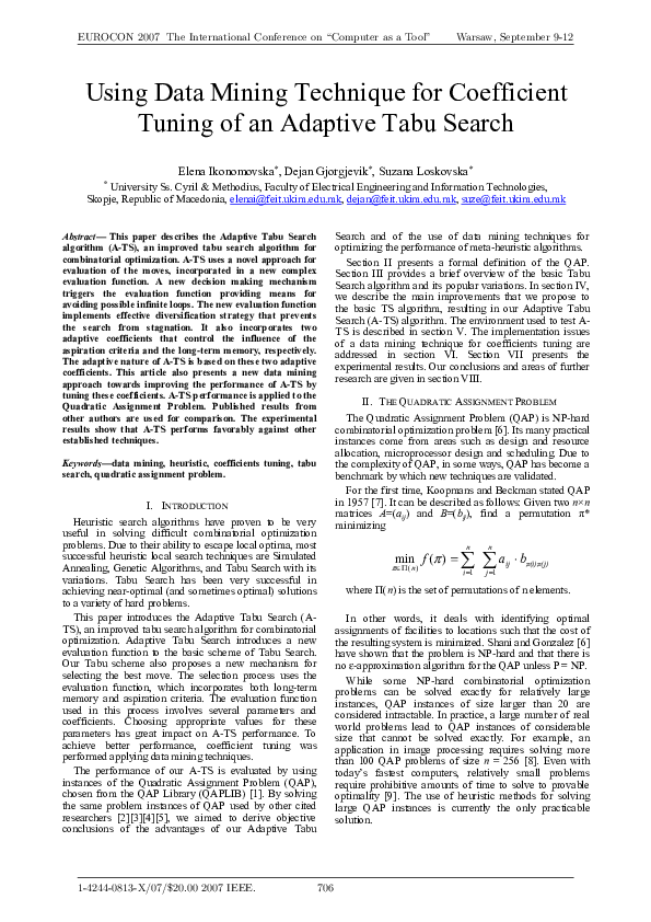 (PDF) Using Data Mining Technique for Coefficients Tuning of an Adaptive Tabu Search