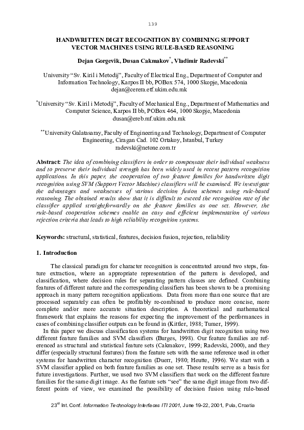 Pdf Handwritten Digit Recognition By Combining Support Vector