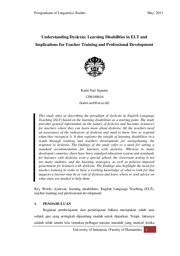 (DOC) Understanding Dyslexia: Learning Disabilities in ELT and ...