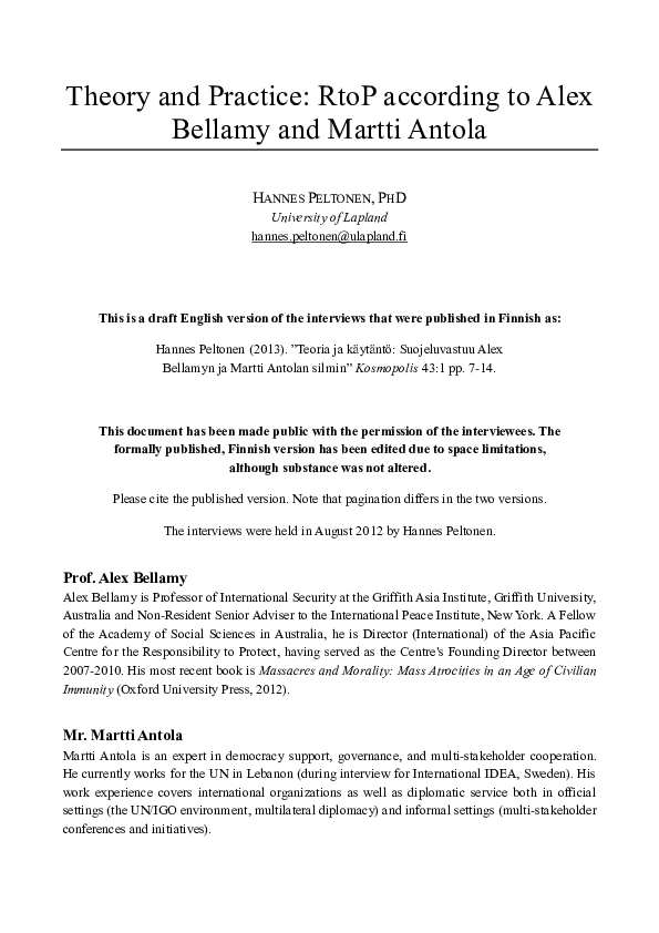 (PDF) Theory and Practice: RtoP according to Alex Bellamy and Martti Antola