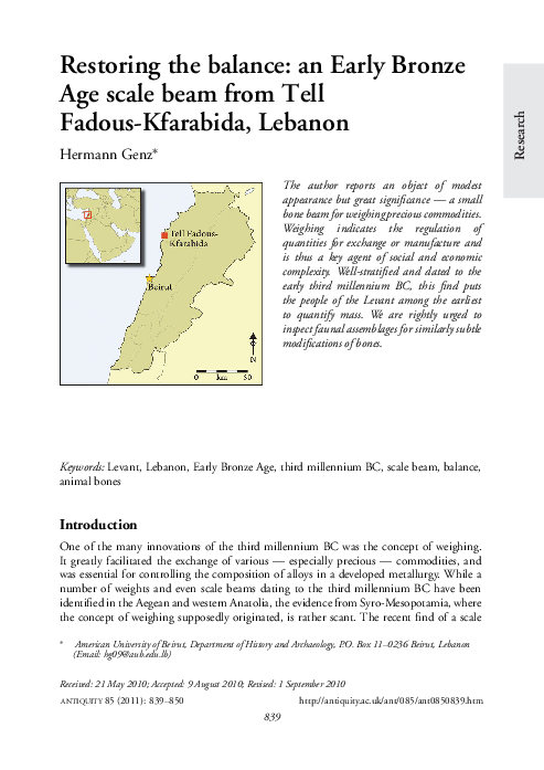 (PDF) Restoring the Balance: an Early Bronze Age scale beam from Tell ...