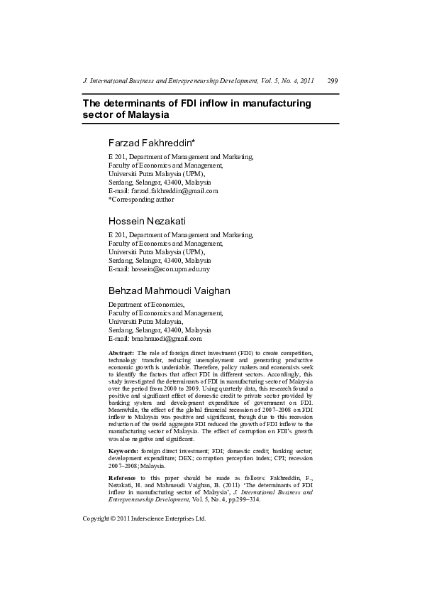 (PDF) Determinants of FDI in Malaysia's Manufacturing