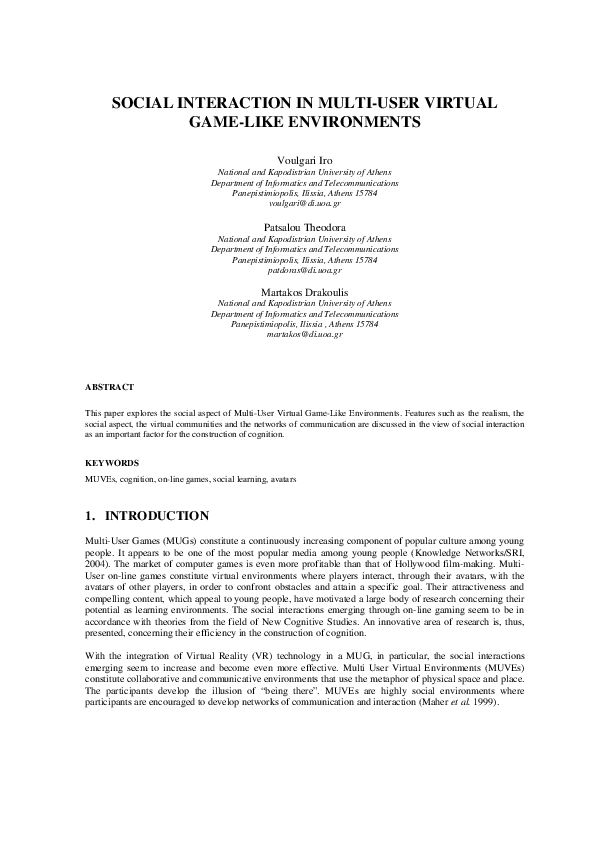 (PDF) Social interaction in multi-user virtual game-like environments